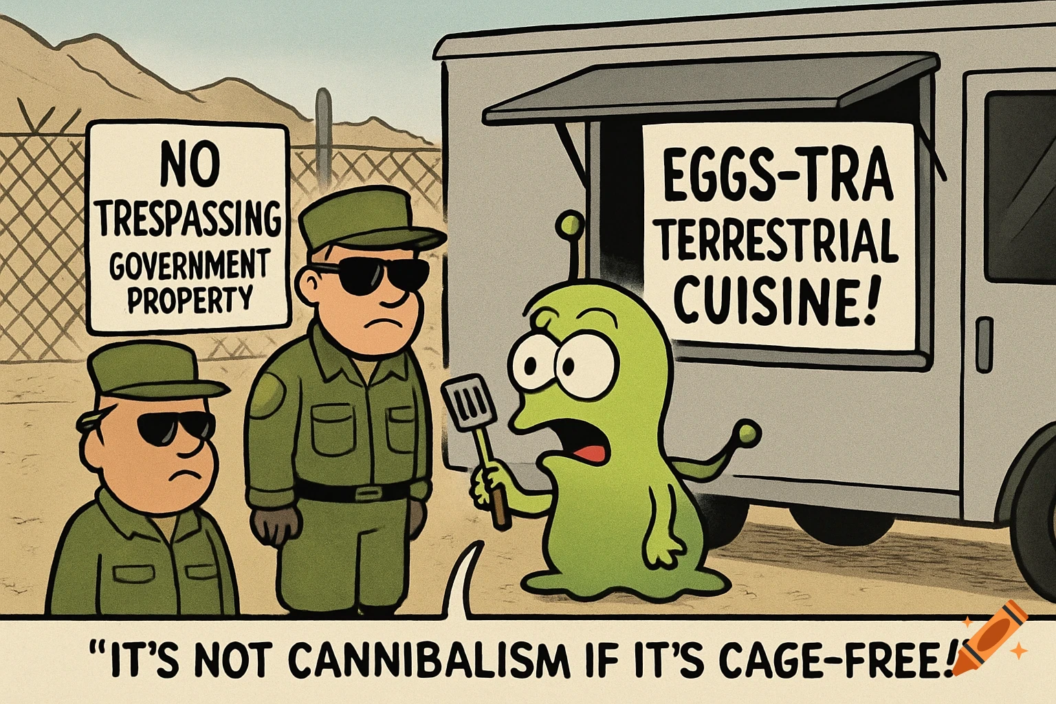Cartoon comic: Military guards look at green alien with food truck ...