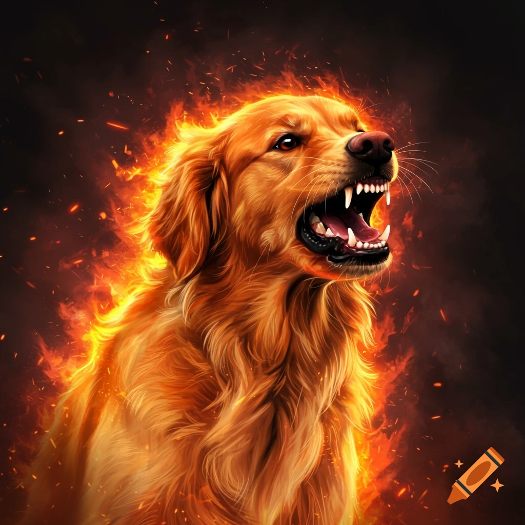 A fierce golden retriever dog surrounded by fire and sparks on Craiyon