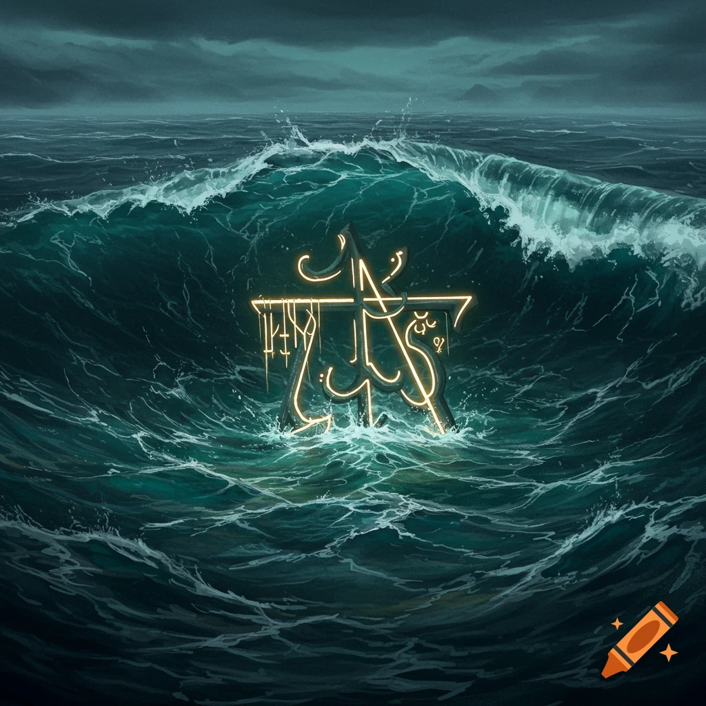Glowing sigil in rough, stormy ocean waves under a dark sky. on Craiyon