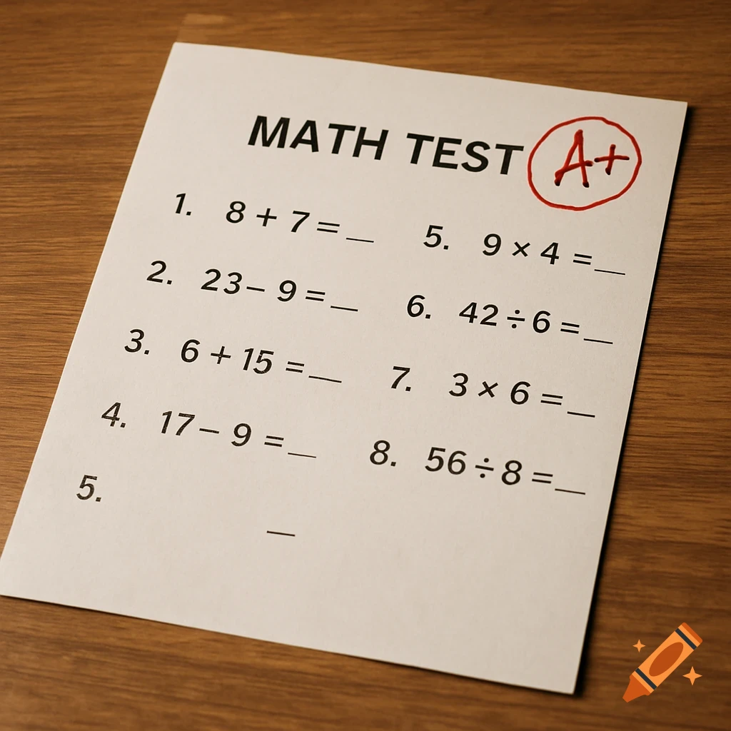 Close-up of a math test paper with problems and a red circle around a ...