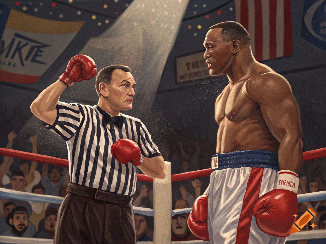 Boxing referee and boxer face off in a ring illustration. on Craiyon