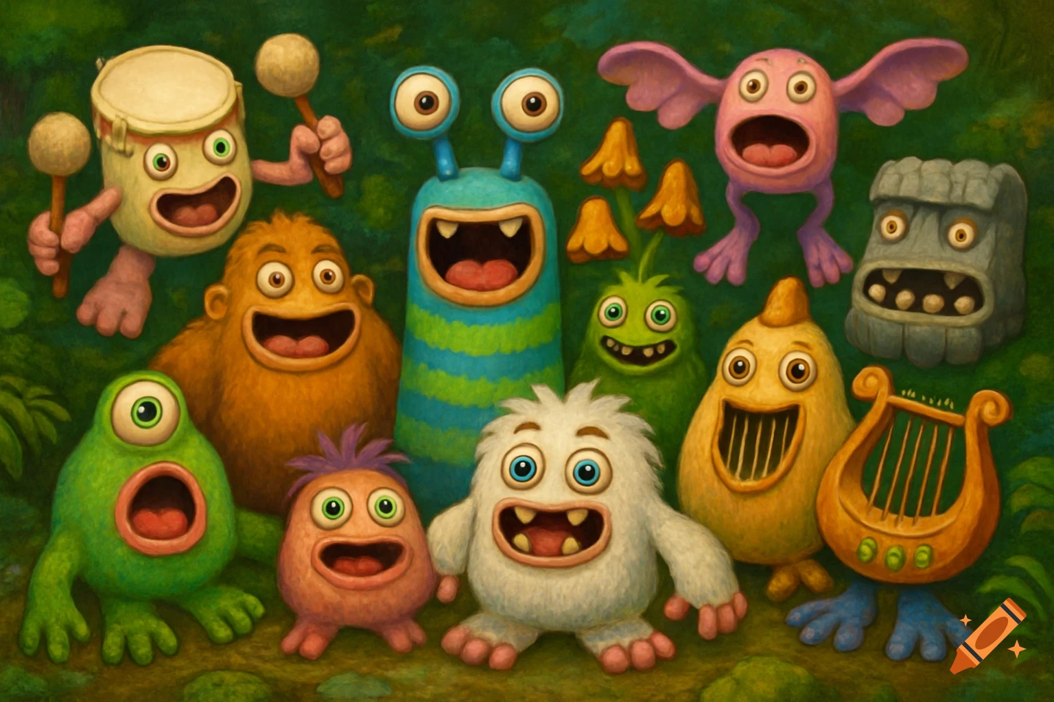Group of colorful cartoon monsters smiling in a forest setting, some with musical instruments ...