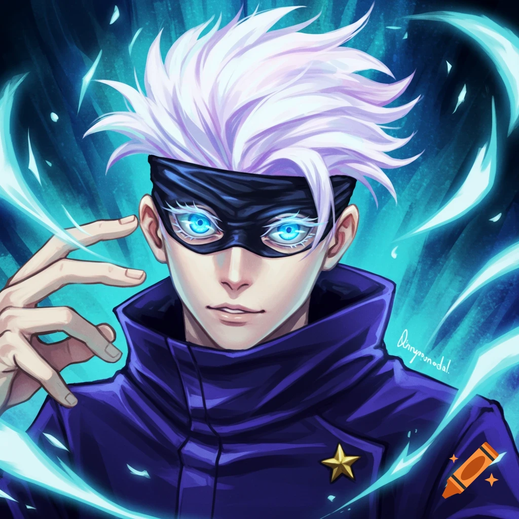 Anime portrait of Satoru Gojo from Jujutsu Kaisen with bright blue ...