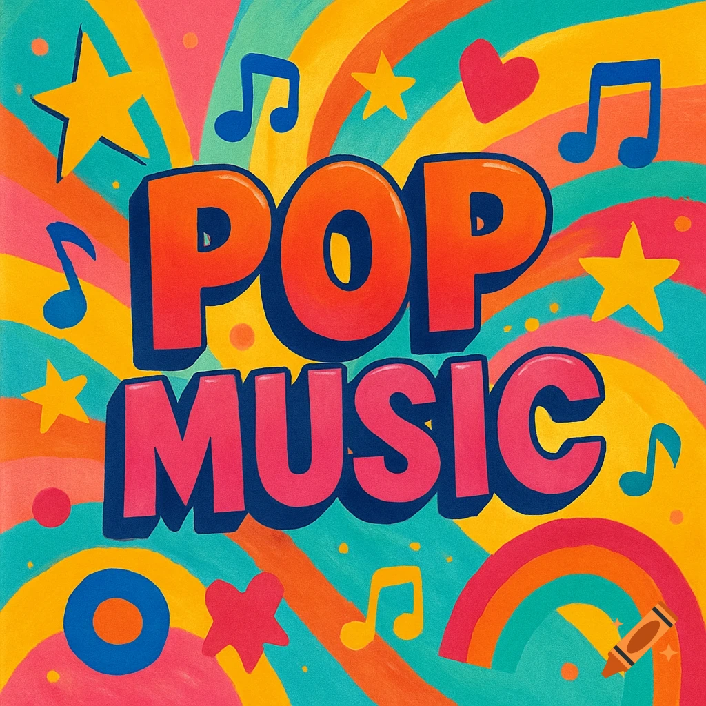 Colorful pop music album cover illustration with text, notes, and stars ...