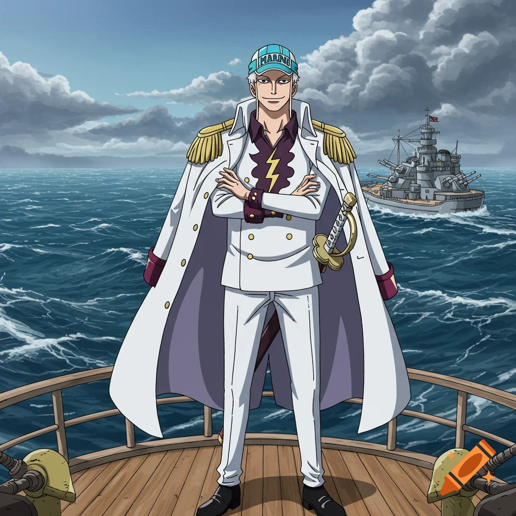 A man in a white Marine coat and cap stands on a ship deck, anime style ...
