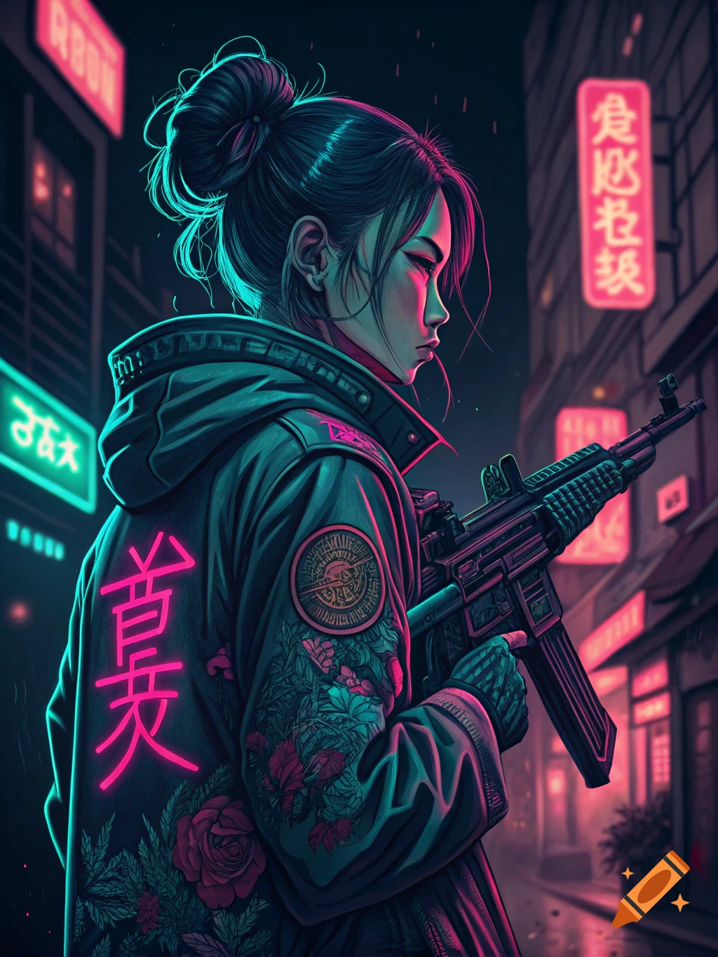 Cyberpunk style portrait of a woman holding a rifle on a rainy street ...