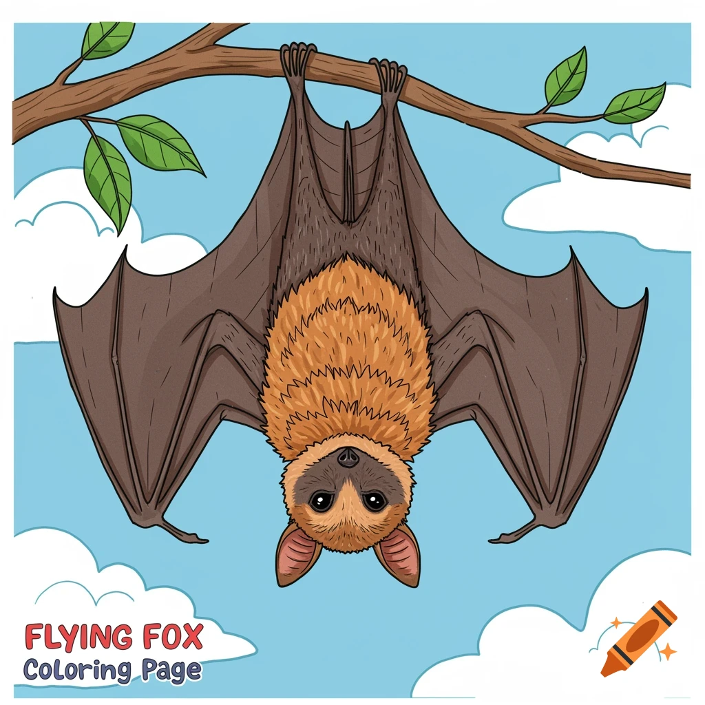Cartoon illustration of a flying fox (bat) hanging upside down from a ...
