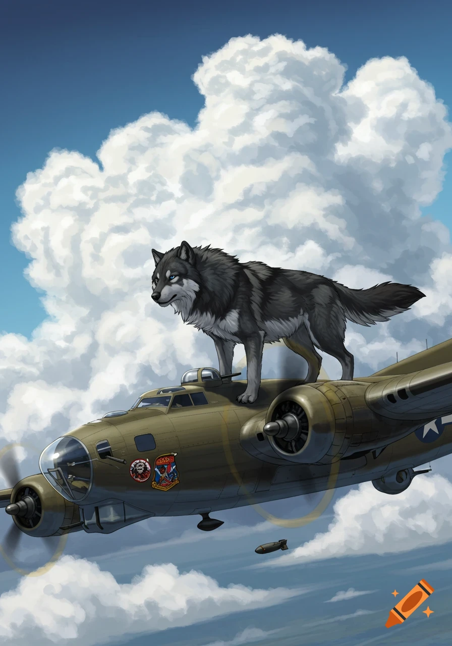Illustration of a wolf standing on a WWII bomber plane dropping a bomb ...