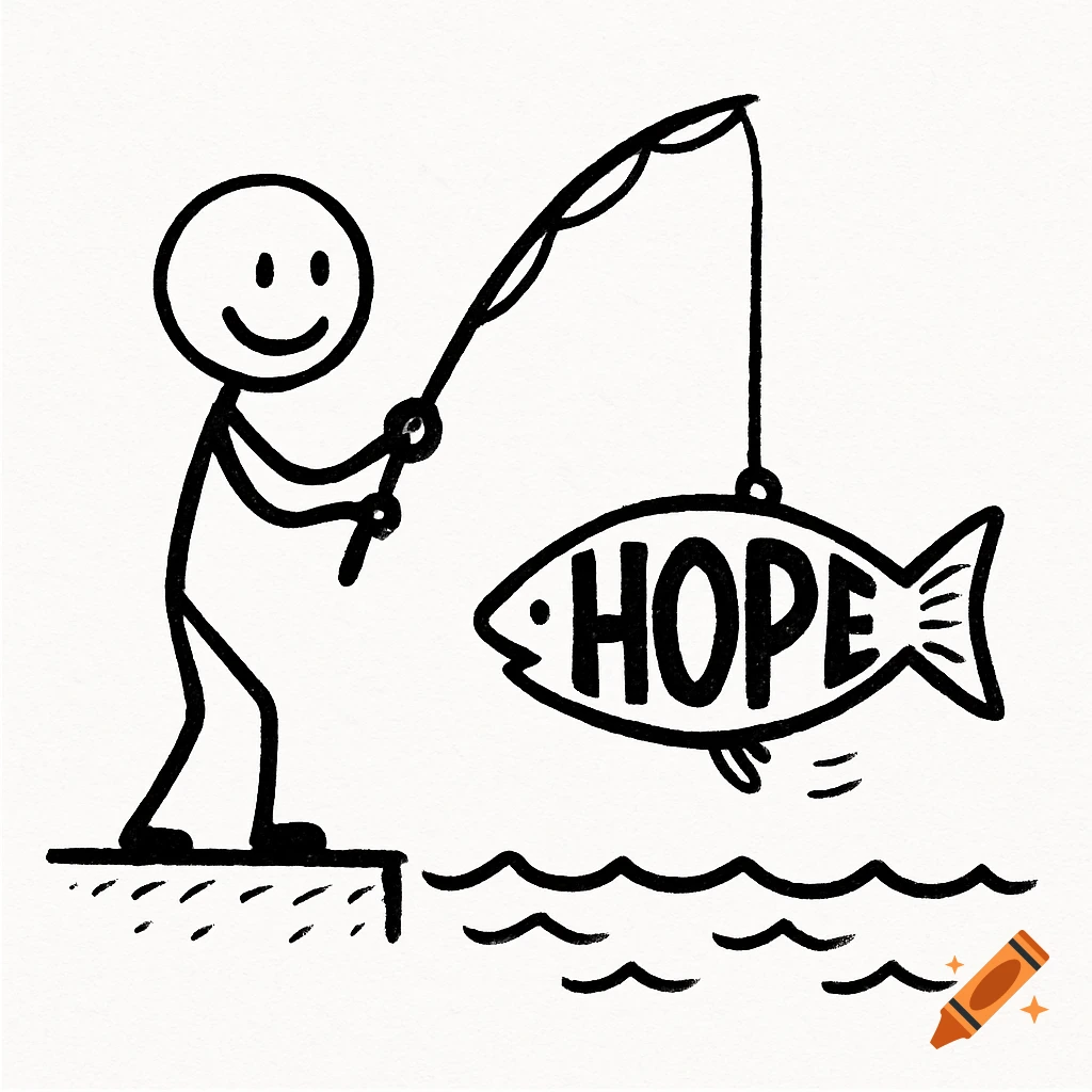 Black and white doodle drawing of a stick figure fishing for a fish ...