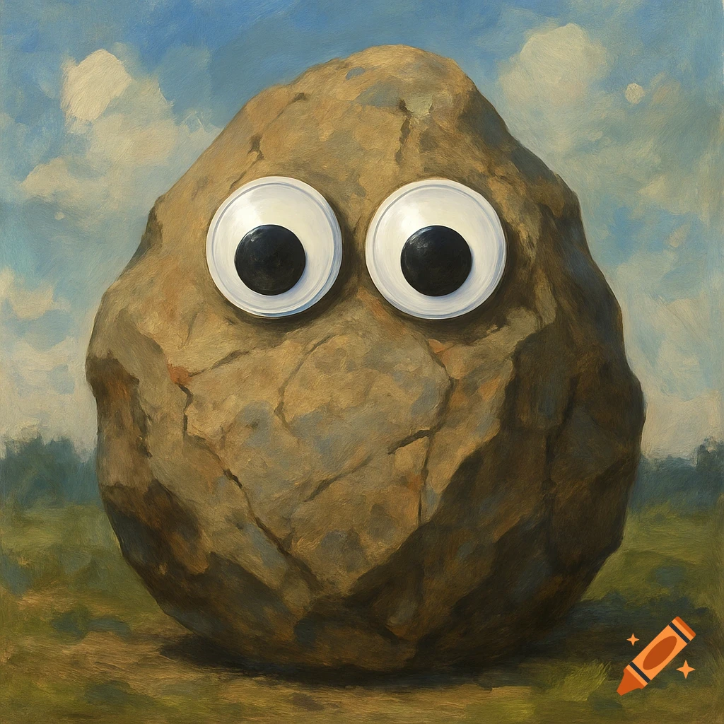 A painting of a rock with large googly eyes in a landscape. on Craiyon