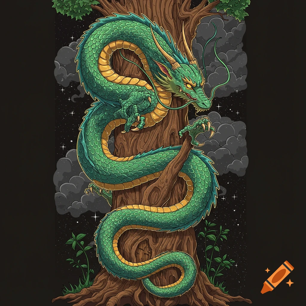 Green and gold dragon wraps around a tree in illustrative tattoo art ...