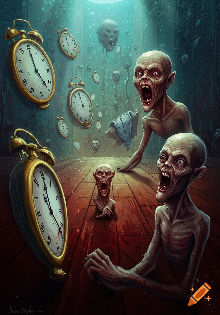 Surreal illustration of distorted, screaming figures surrounded by ...