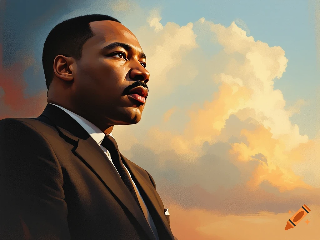 Portrait of Martin Luther King Jr. looking up at clouds, painted style ...