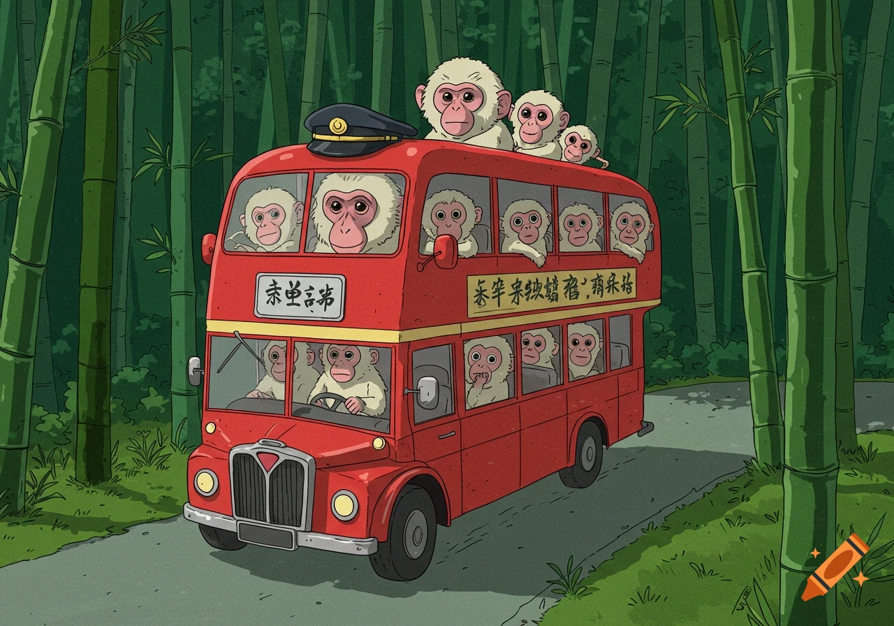 Illustration of snow monkeys on a red double-decker bus driving through a bamboo forest on Craiyon