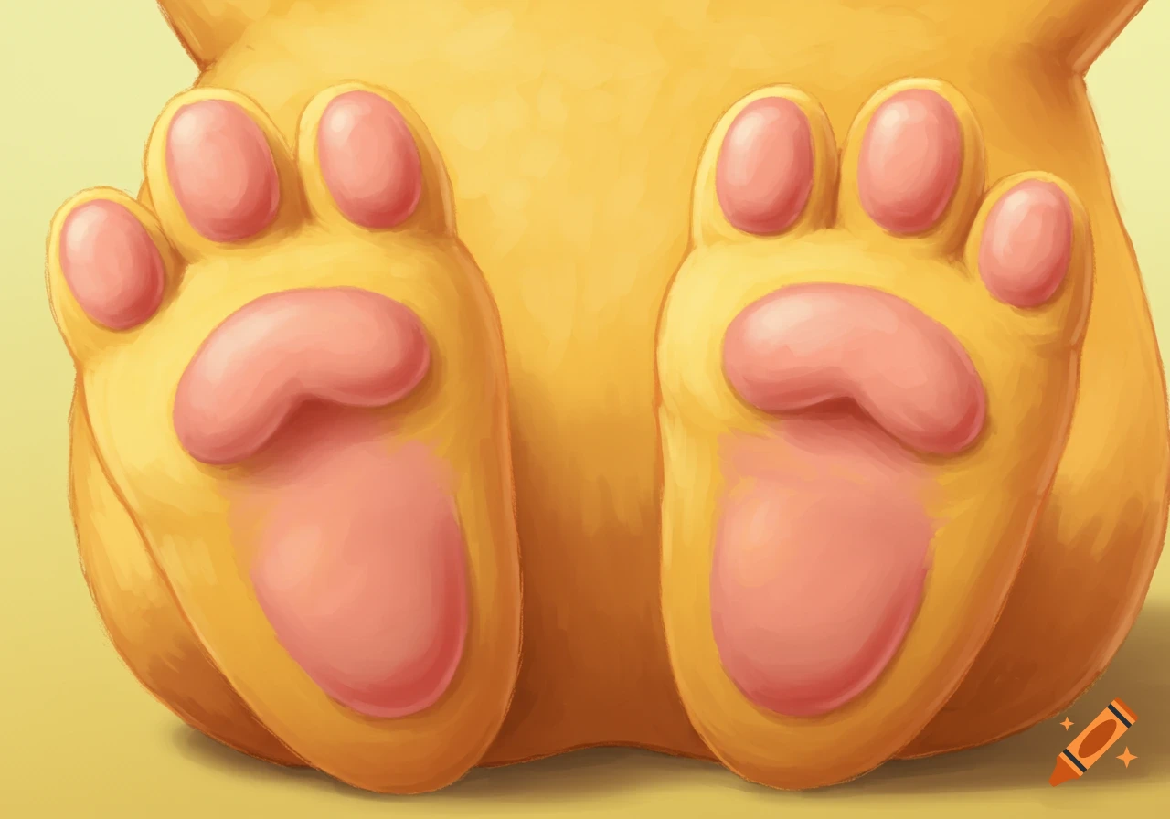 Close-up of two yellow animal paws with pink pads in a digital art ...