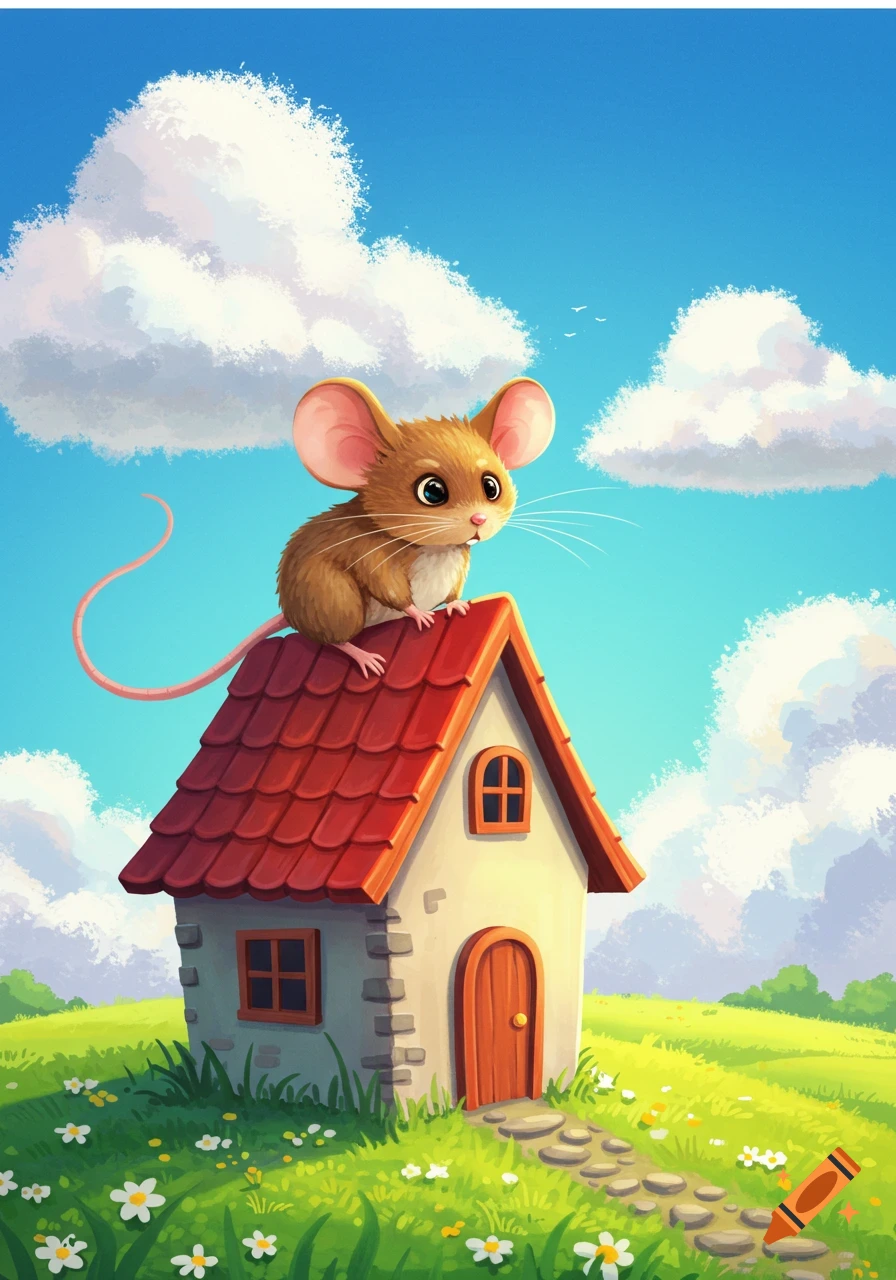 A cute cartoon mouse sits on the red roof of a small house in a sunny ...