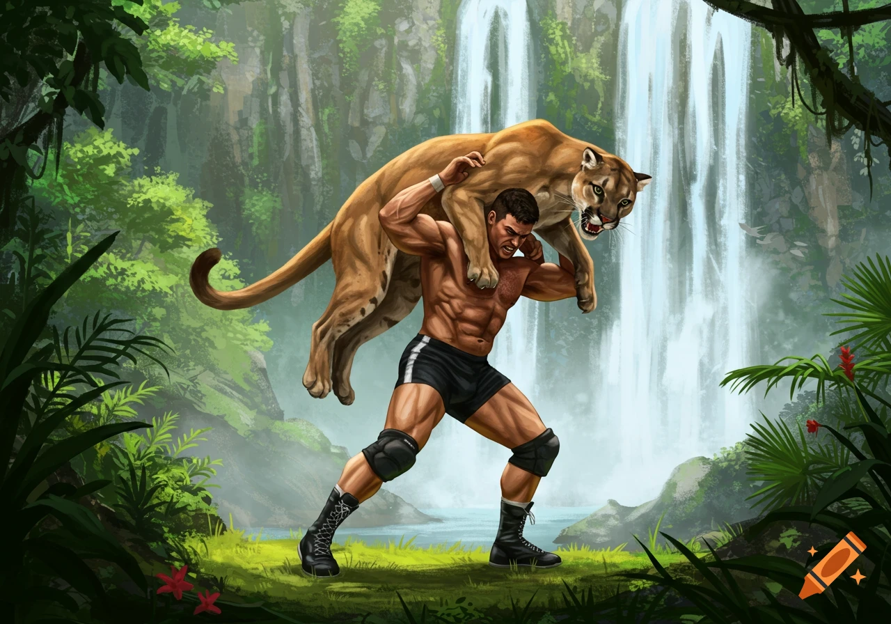 Digital illustration of a muscular man suplexing a cougar in a jungle ...