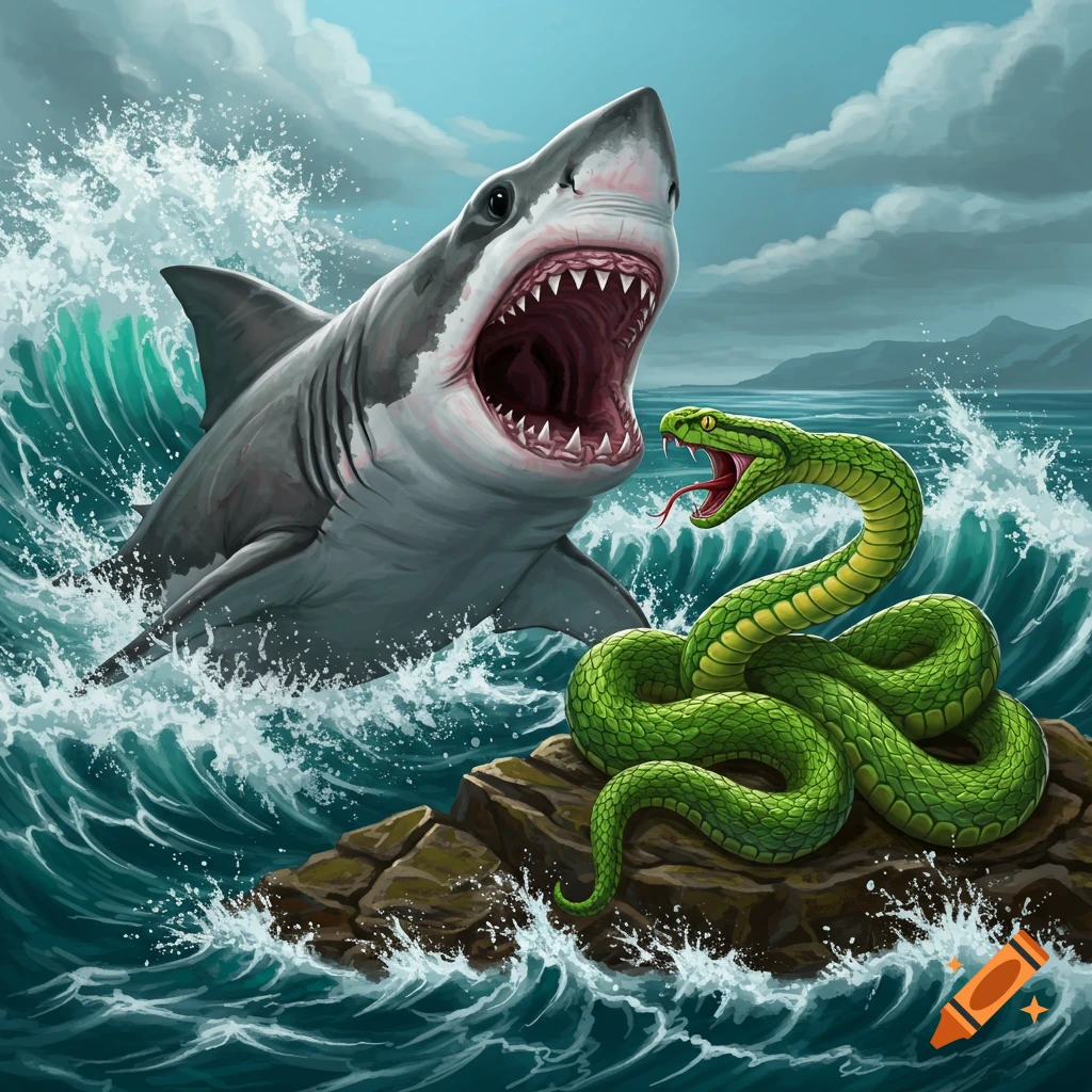 Illustrative image of a great white shark leaping from the ocean ...