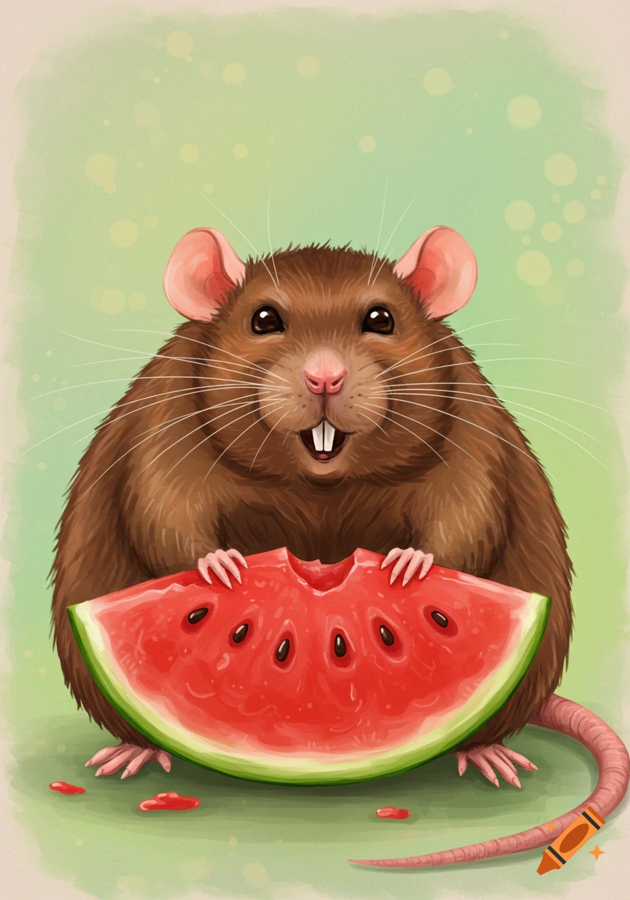 A cute brown rat sits and eats a large slice of red watermelon in an ...