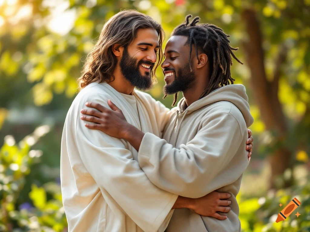 Photo realistic depiction of a man resembling Jesus warmly hugging a ...