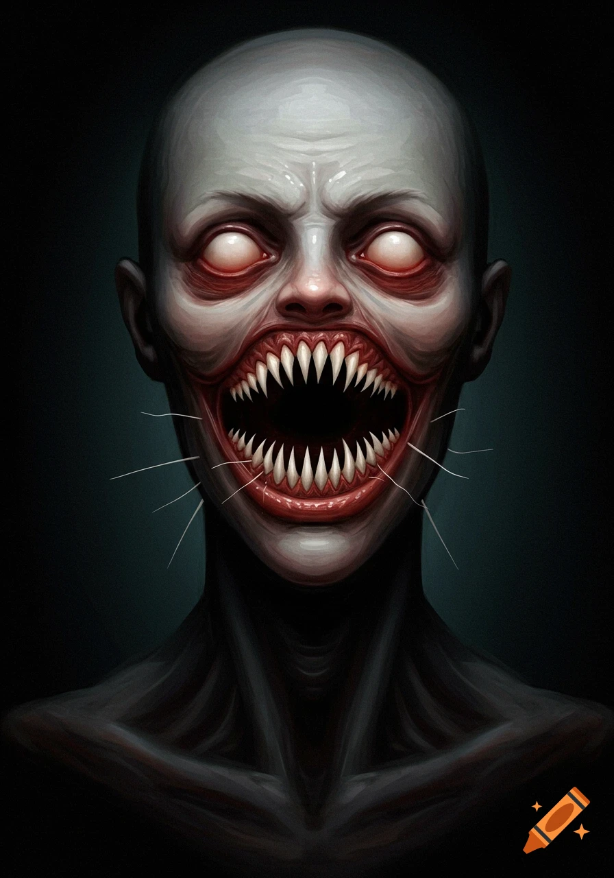 A close-up illustration of a pale, unsettling creature with large white ...