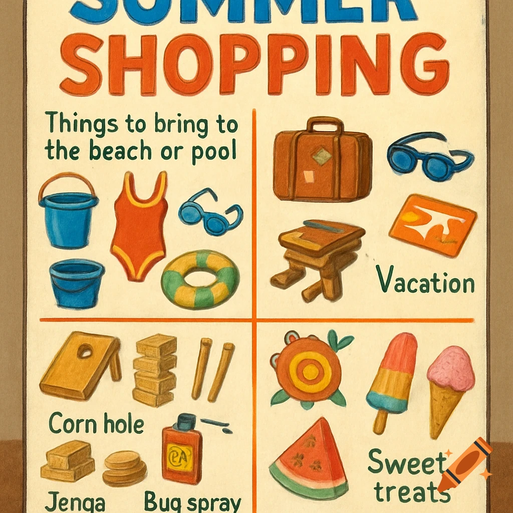An illustrated chart listing summer items like beach gear, vacation ...