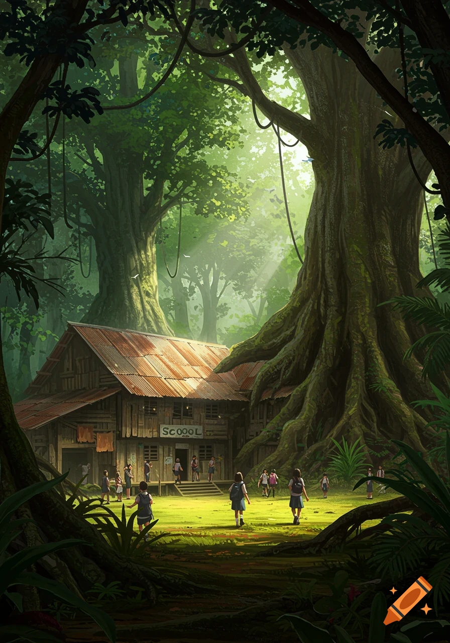 A rustic school building nestled in a lush jungle, with children ...