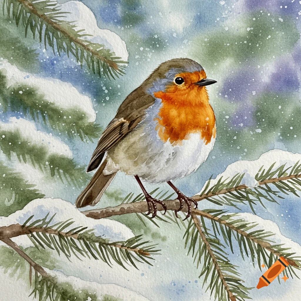 Watercolor painting of a robin perched on a snow-covered evergreen ...