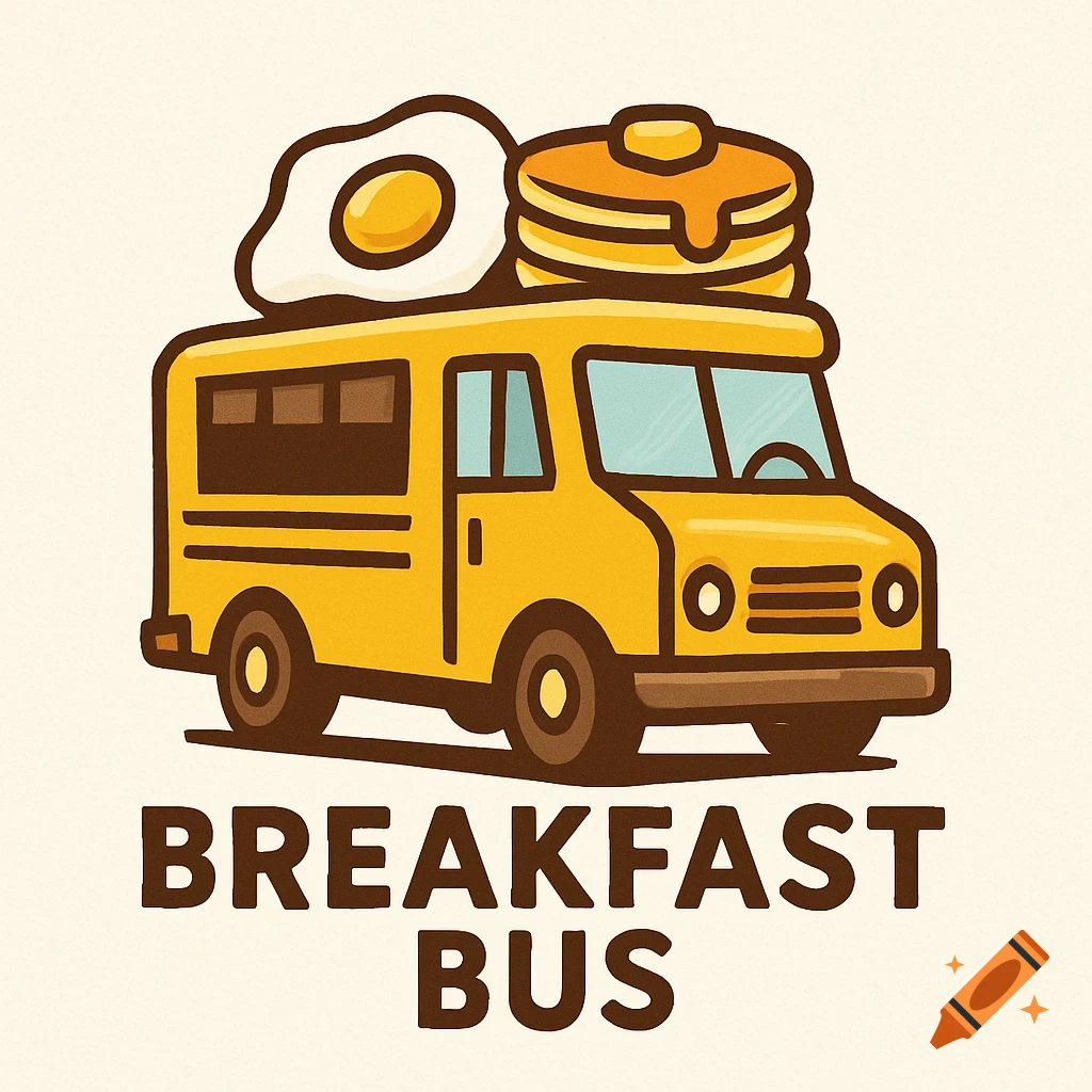 Cartoon logo of a yellow bus with an egg and pancakes on top, with text ...