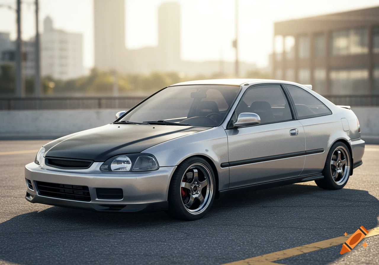 A silver 1997 Honda Civic EK coupe with a black hood parked outdoors with buildings in the ...