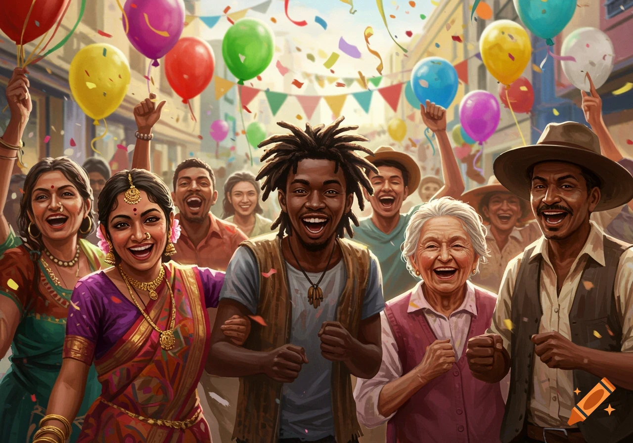 Happy diverse people celebrate in a street with balloons and confetti ...
