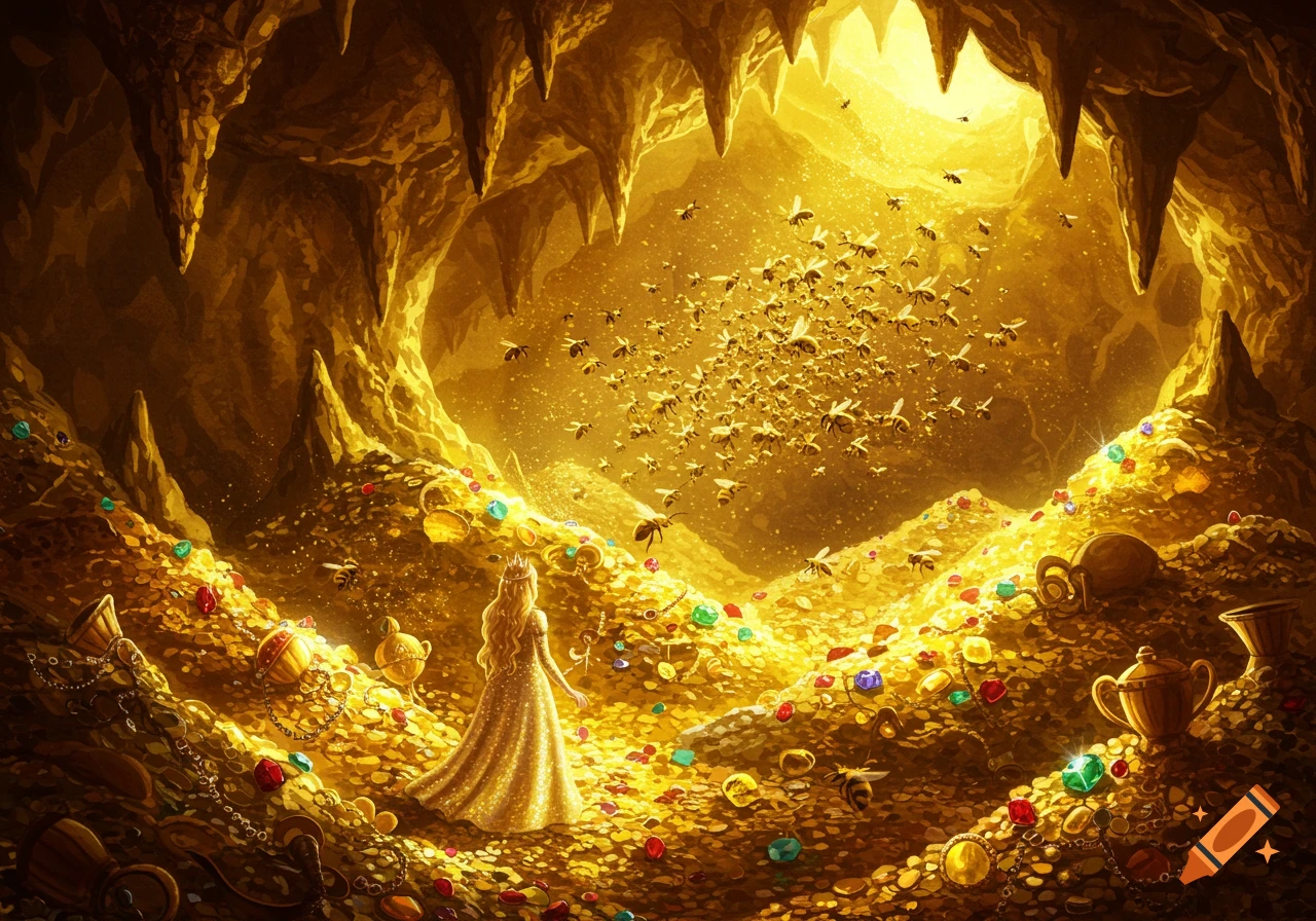 A princess stands in a gold cave filled with sparkling treasure and ...