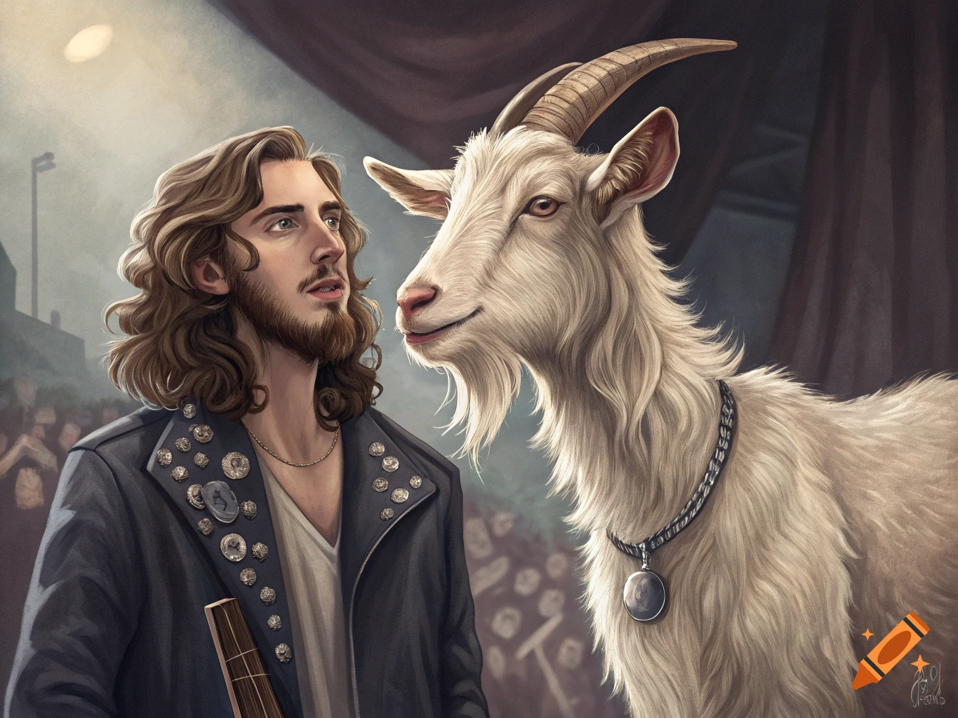 Illustration of a man with long hair and beard looking at a white goat ...