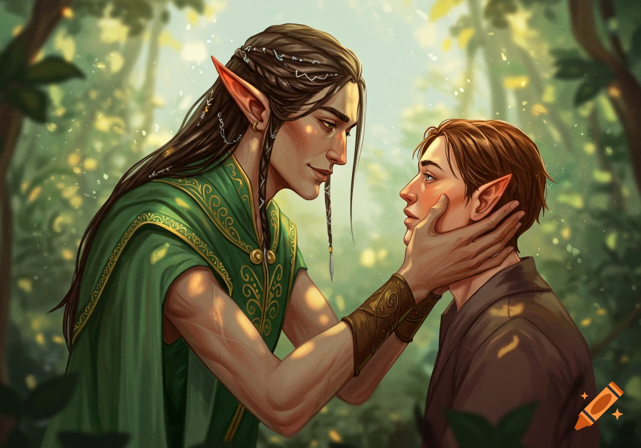 Fantasy art of two elves in a sunlit forest, one holding the other's ...