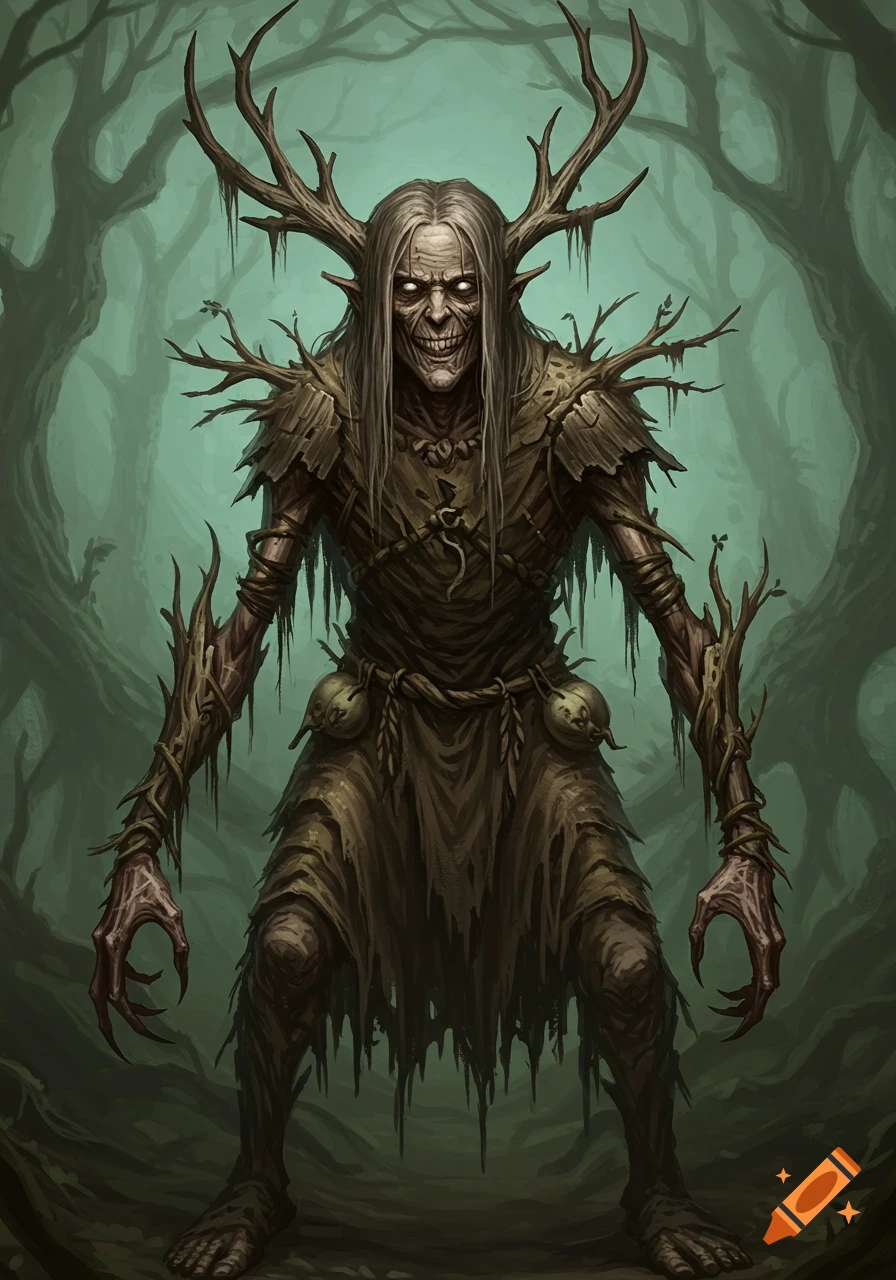 Gaunt figure with antlers and bark clothing in a dark forest on Craiyon