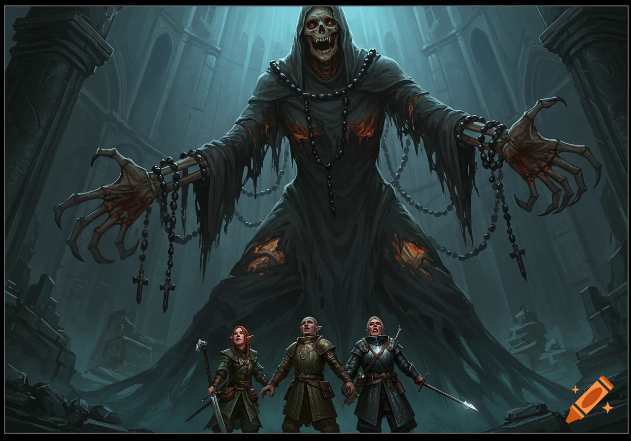 Huge skeletal monster towers over three adventurers in a dark chamber ...