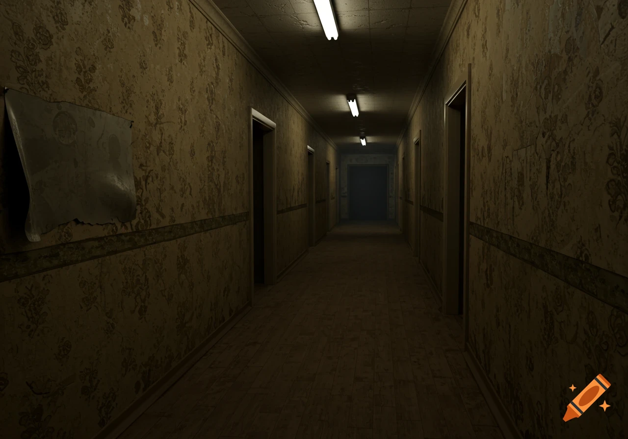 Dark, empty hallway with patterned walls, fluorescent lights, and a ...