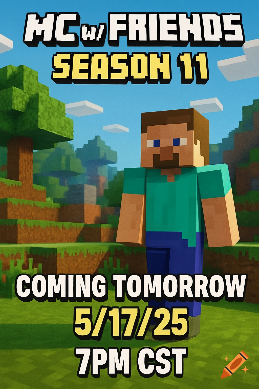 Minecraft Steve in a blocky landscape with text overlay announcing an ...