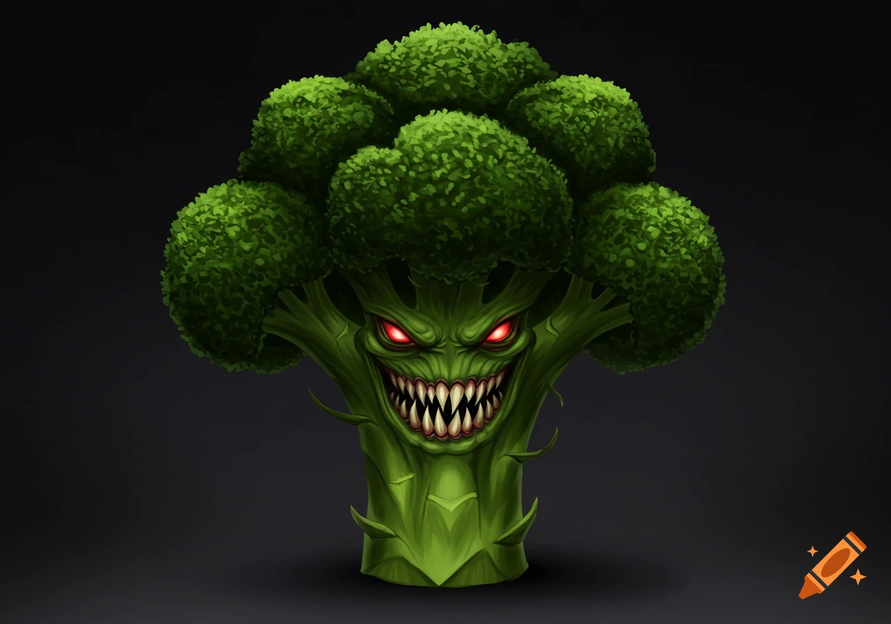 An illustration of an evil broccoli monster with glowing red eyes and sharp teeth. on Craiyon