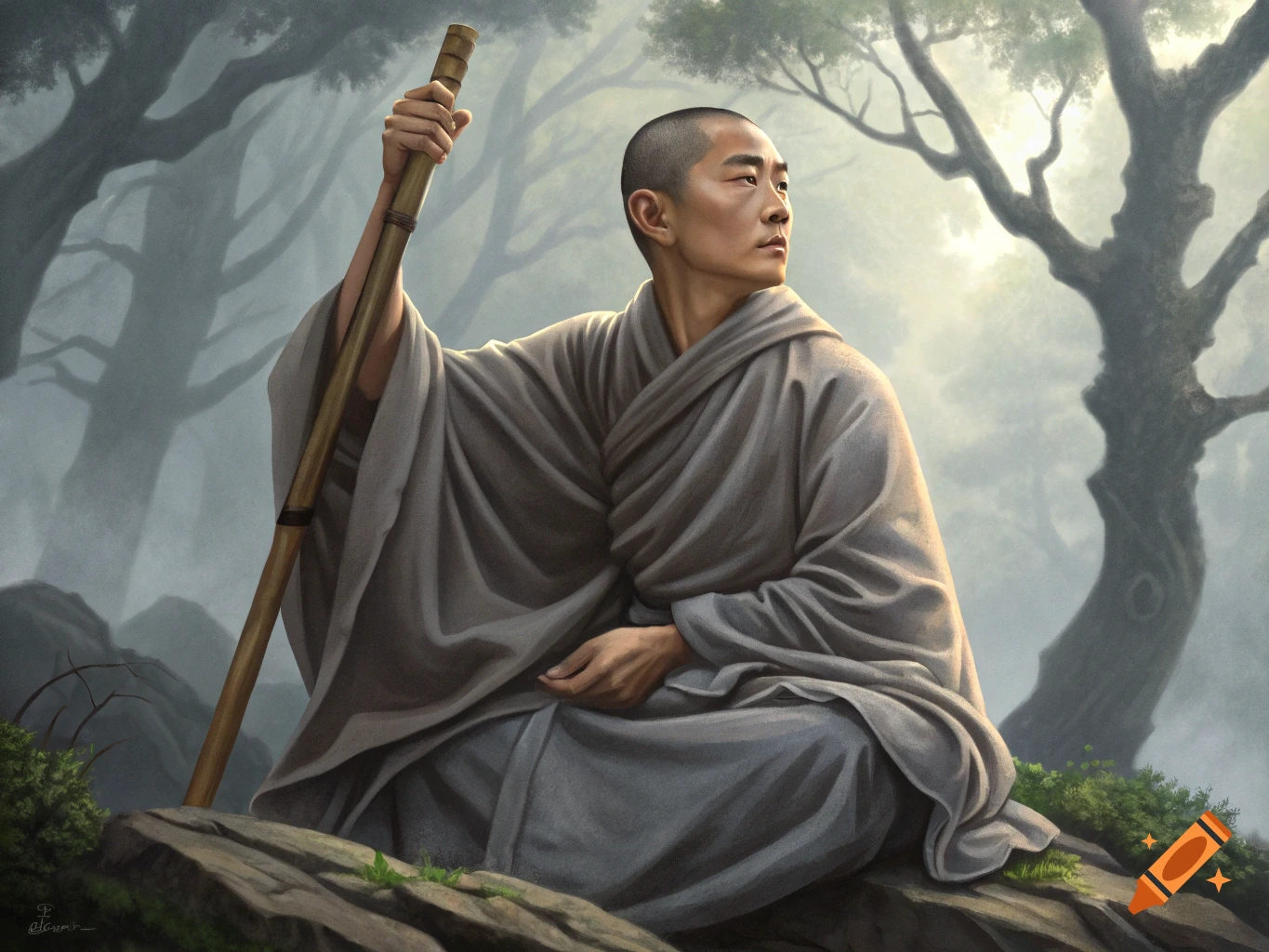 A monk in grey robes sits on a rock in a foggy forest, holding a staff ...