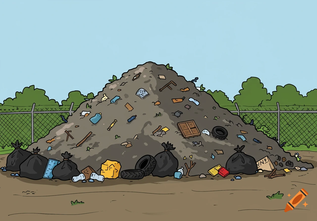 A simple 2D illustration of a large pile of trash outdoors near a fence ...