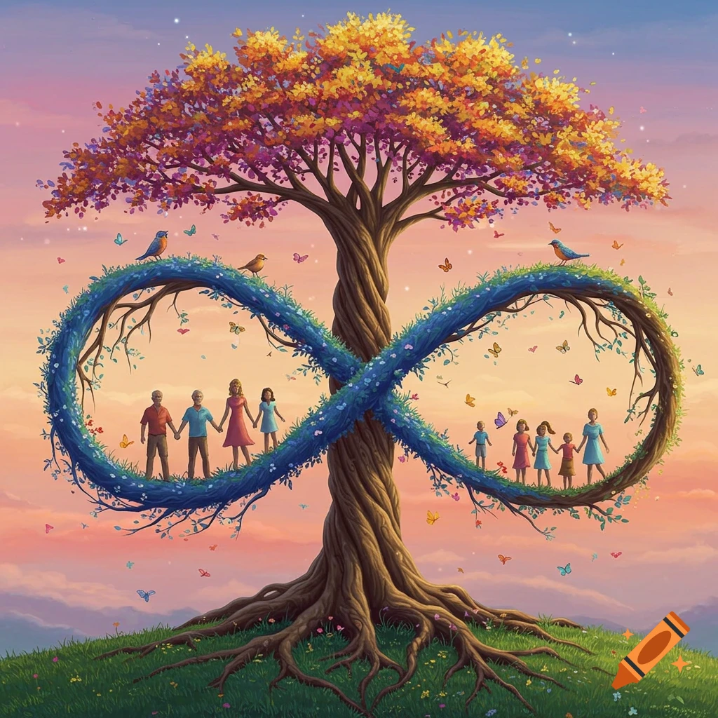 A stylized illustration of a large tree forming an infinity symbol with ...