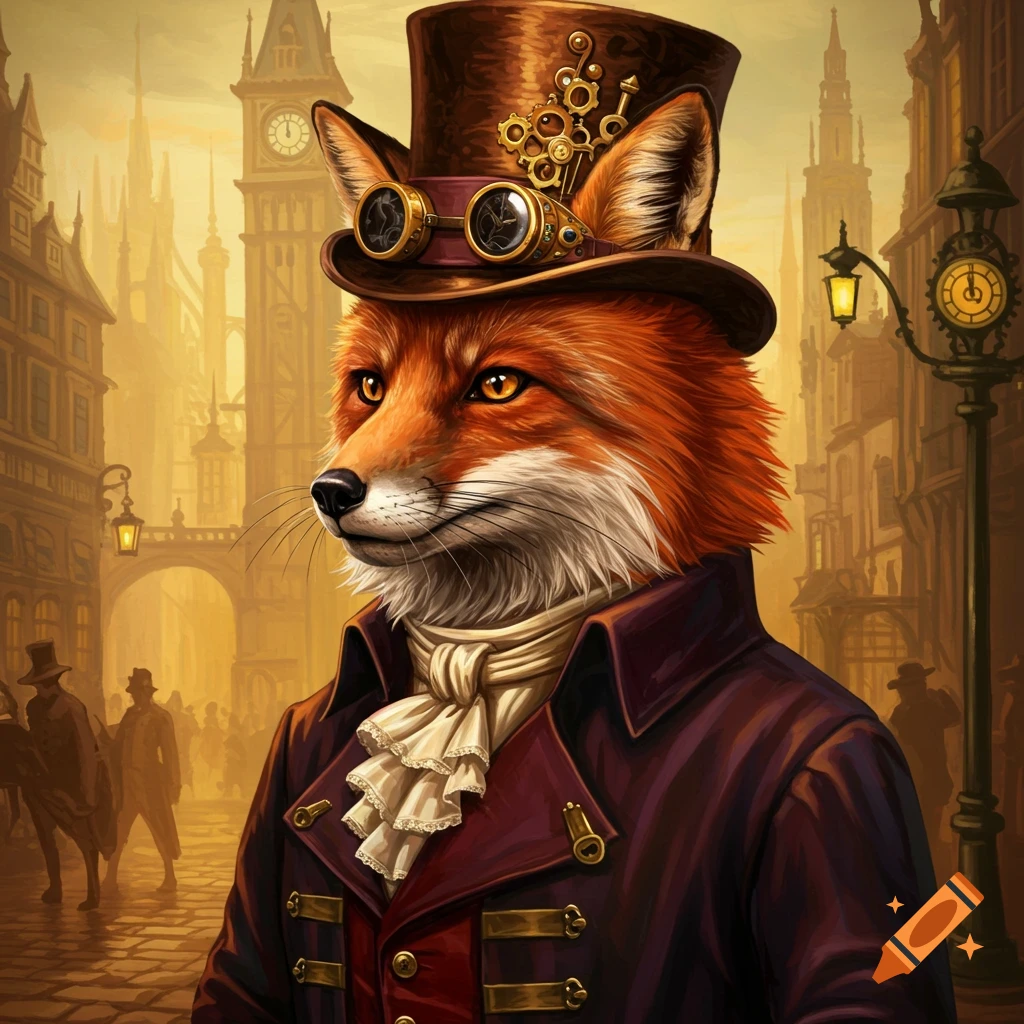 A steampunk fox in a top hat and coat stands in a Victorian city street ...
