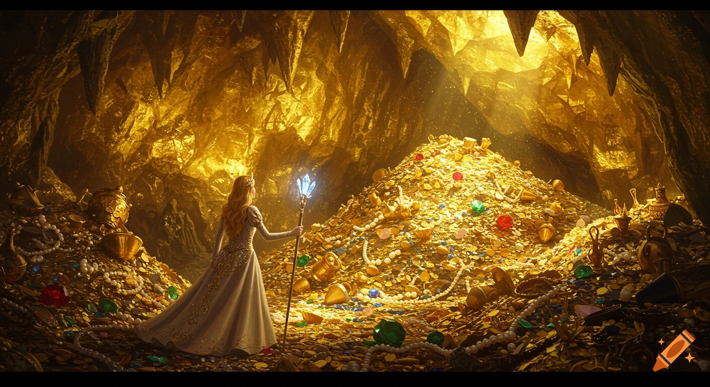 A princess stands in a dazzling gold cave filled with piles of treasure ...
