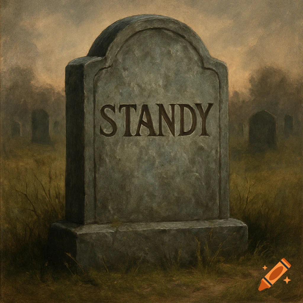 A tombstone in a graveyard with the word STANDY carved into it. on Craiyon