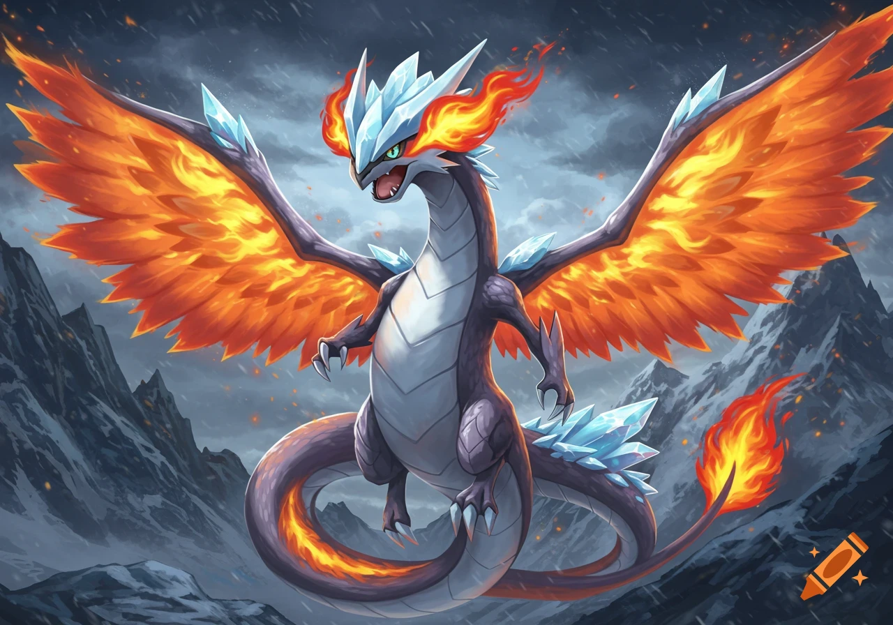 Ice-fire dragon with fiery wings and ice crystals flying in a snowy ...