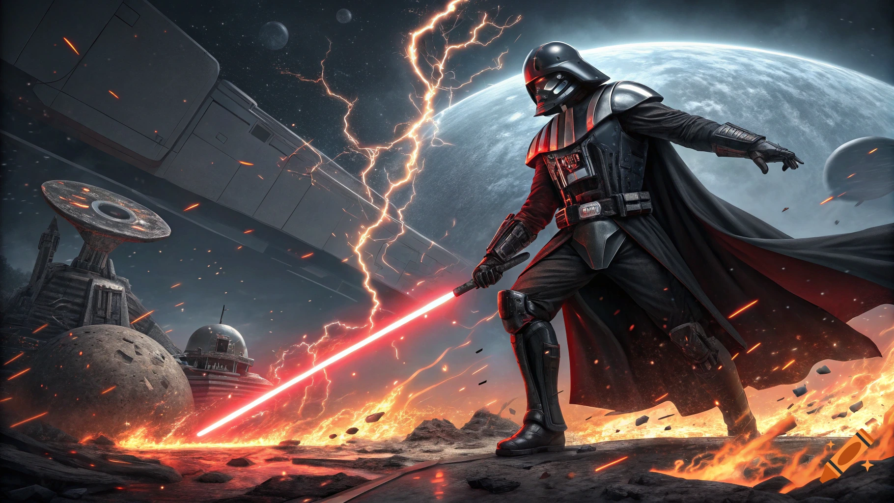 Darth Vader battles on a burning planet with a red lightsaber ...