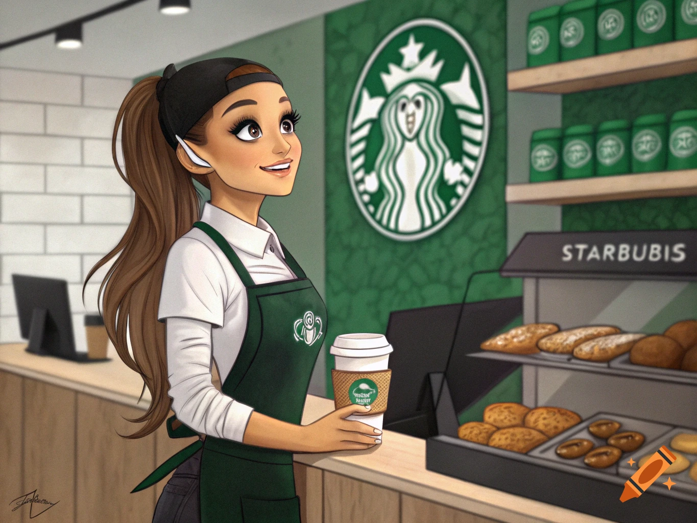 Cartoon-style image of a woman resembling Ariana Grande working as a ...