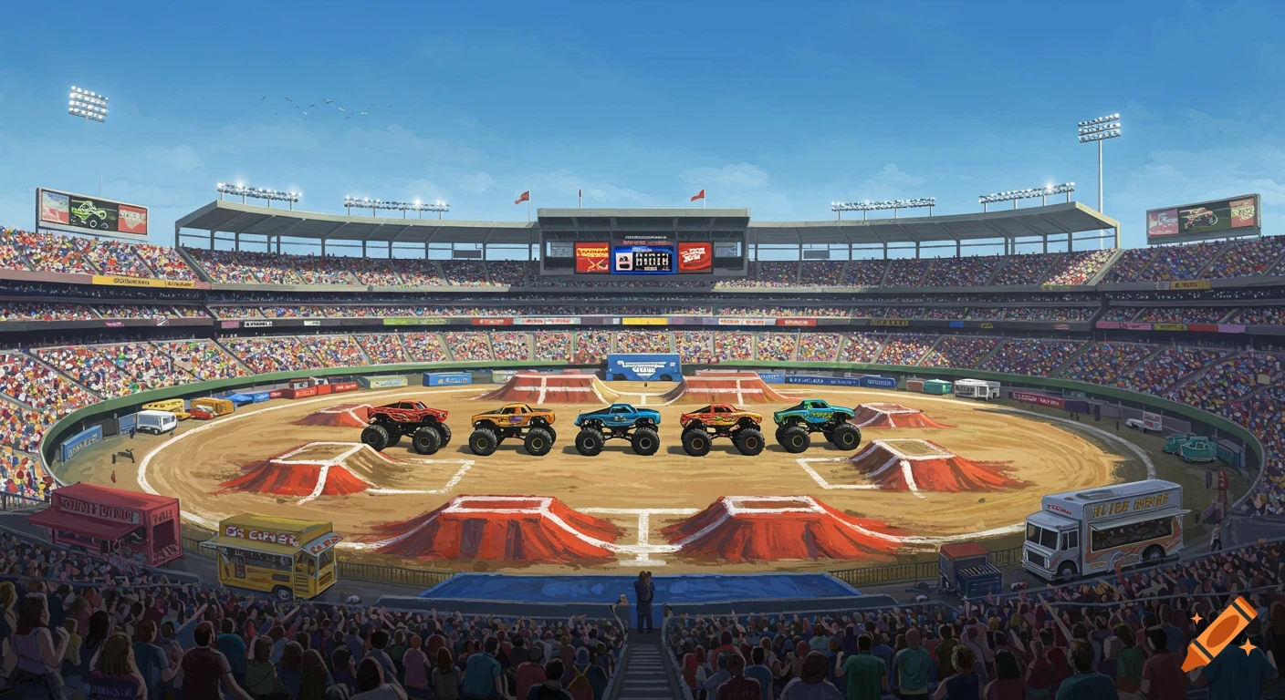 Wide shot of a monster truck rally inside a packed stadium with several ...