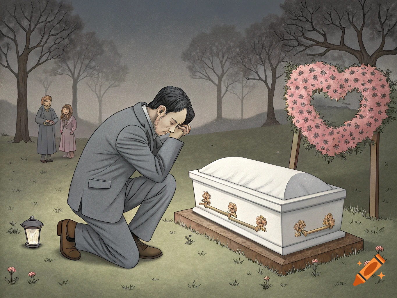 Illustration of a man kneeling and crying over a child's coffin at a ...